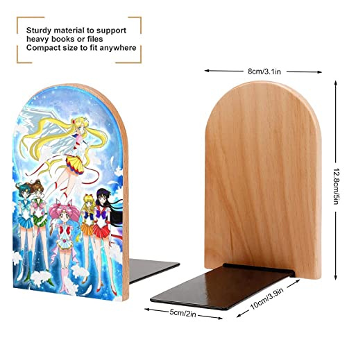 Anime Poster Moon Bookends Wood Book Divider Decorative Shelves Non-Skid Book Stand 2 Pieces for Office Home