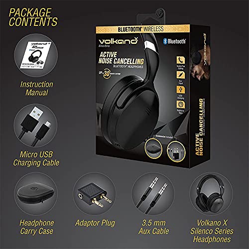 Volkano X Silenco Series Headphones Wireless Bluetooth - Active Noise Cancelling Headphones - 30H Playtime - Headset with Mic - Memory Foam Ear Cups for Cellphone/PC/Home (Black)