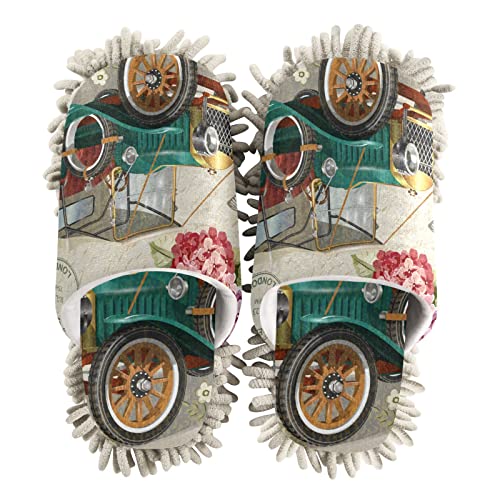 Retro Car Flower Butterfly Mop Slippers Shoes Cover for Floor Cleaning Washable Hair Dust Dirty Cleaners Microfiber Mop Socks for House Office Kitchen