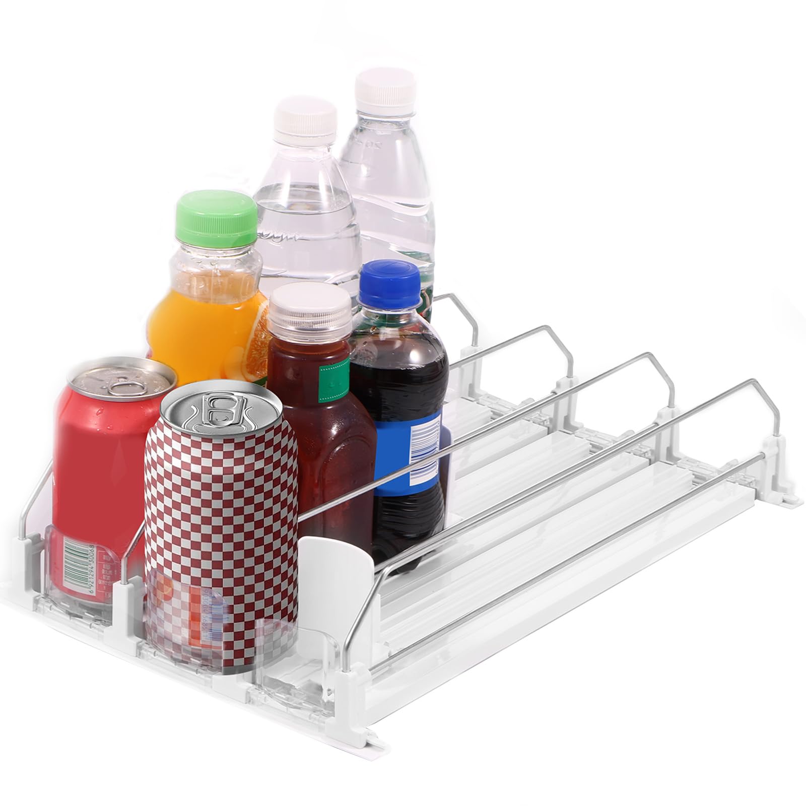 Protoiya Drink Organizer for Fridge, Self-Sliding Soda Can Dispenser with Locking Design, 3 Rows Fridge Drink Dispenser Holds up to 25+ Cans, Adjustable Width for Pantry/Vending Machine