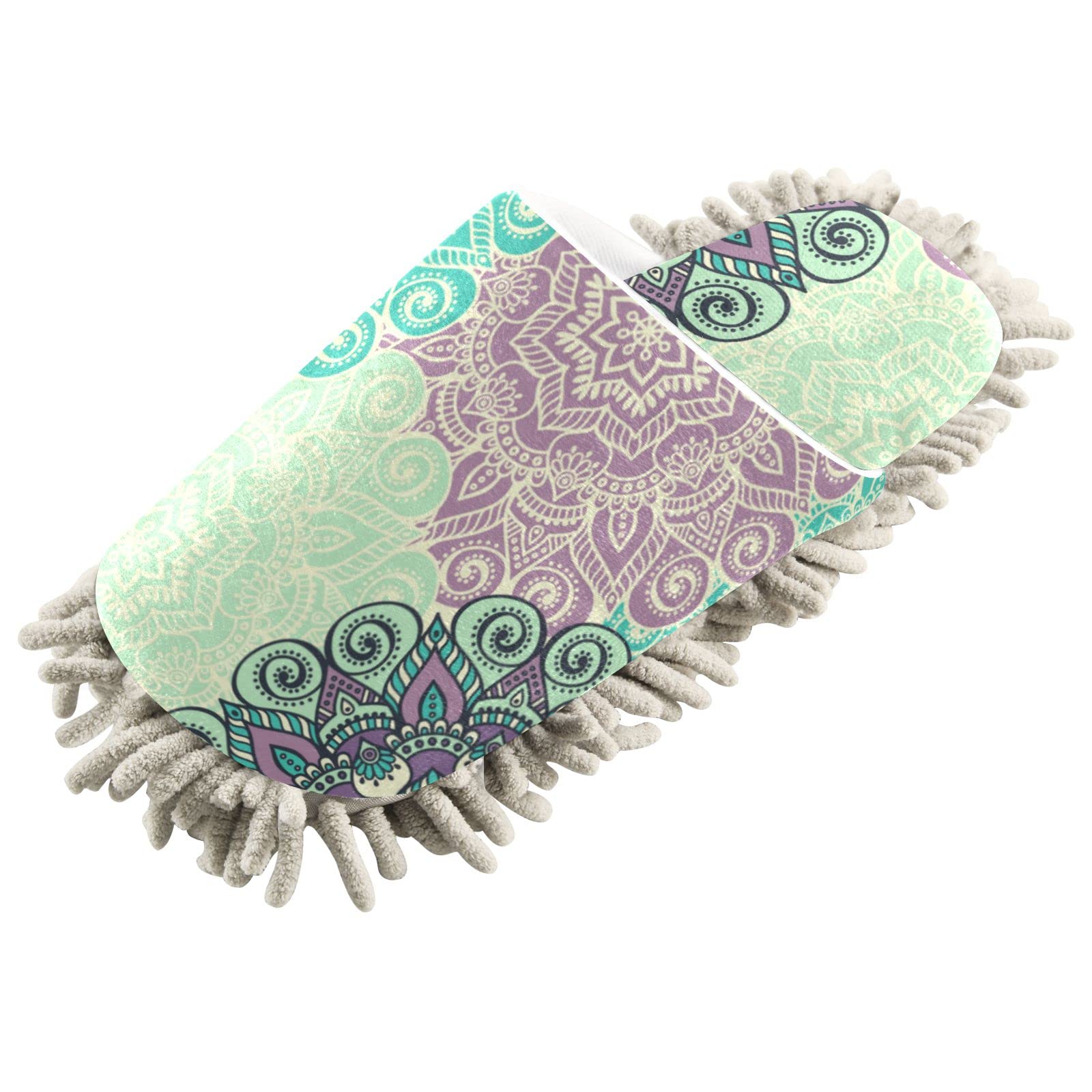 Kigai Microfiber Cleaning Slippers Green Mandala Washable Mop Shoes Slipper for Men/Women House Floor Dust Cleaner, Size M
