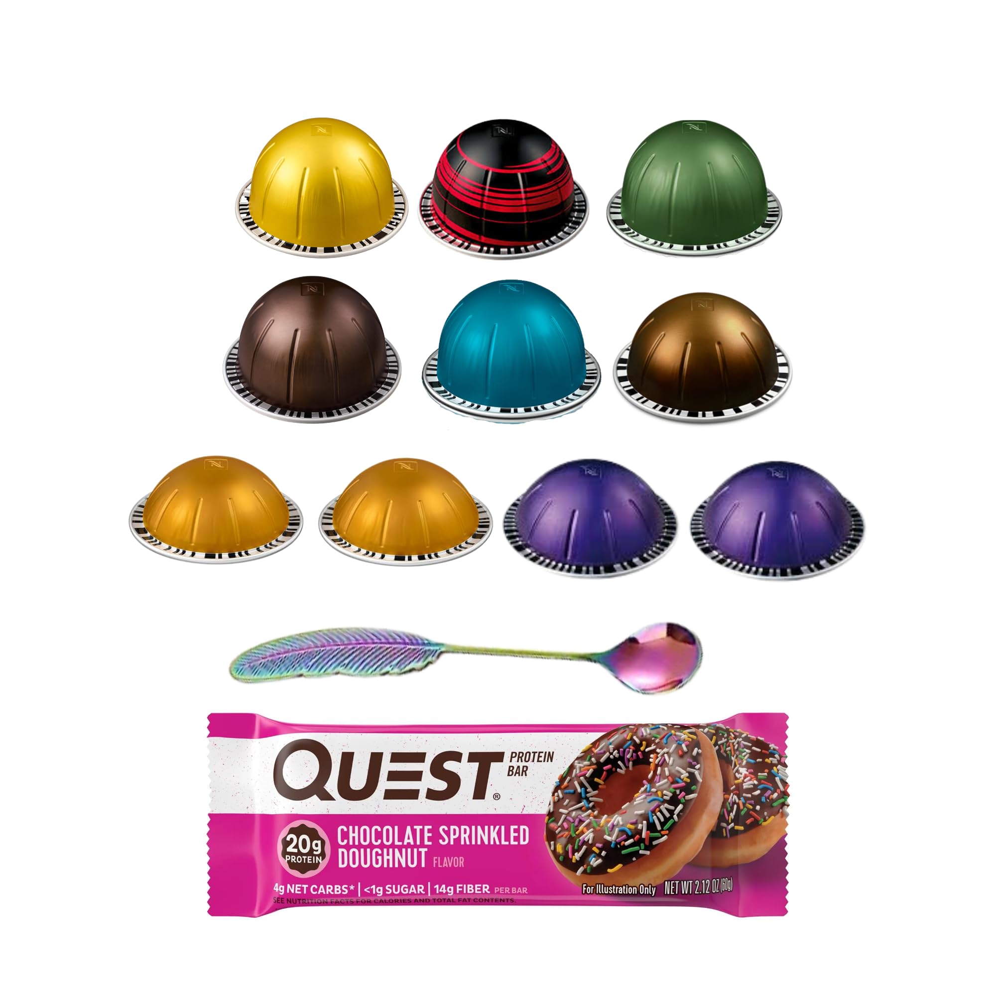 Nespresso Vertuo Pods - Rich Roast Espresso Variety Pack - Perfect Blend of Premium Coffee & Espresso Capsules - 10 Pods, Spoon & Protein Bar.