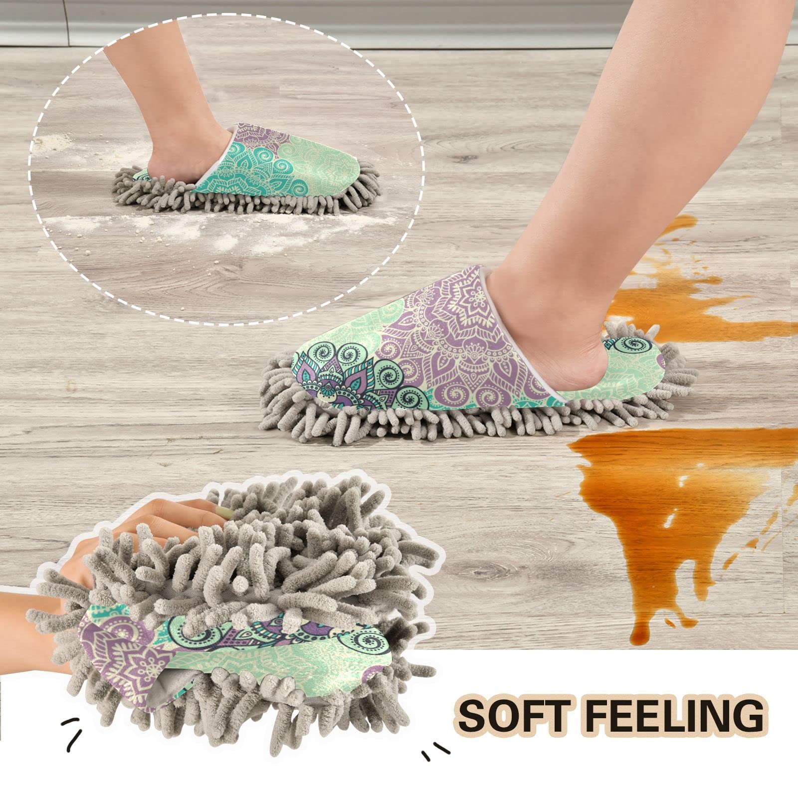 Kigai Microfiber Cleaning Slippers Green Mandala Washable Mop Shoes Slipper for Men/Women House Floor Dust Cleaner, Size M