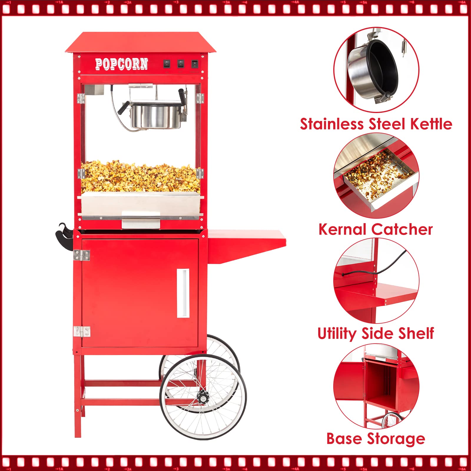 Gravee Commercial Popcorn Machine Cart, Popcorn Maker Machine [Professional][ 8 Oz ]Popcorn Machine with Stand With 8 Oz Kettle Makes Up to 60 Cups, With Lockers for Home Movie Theater Style…