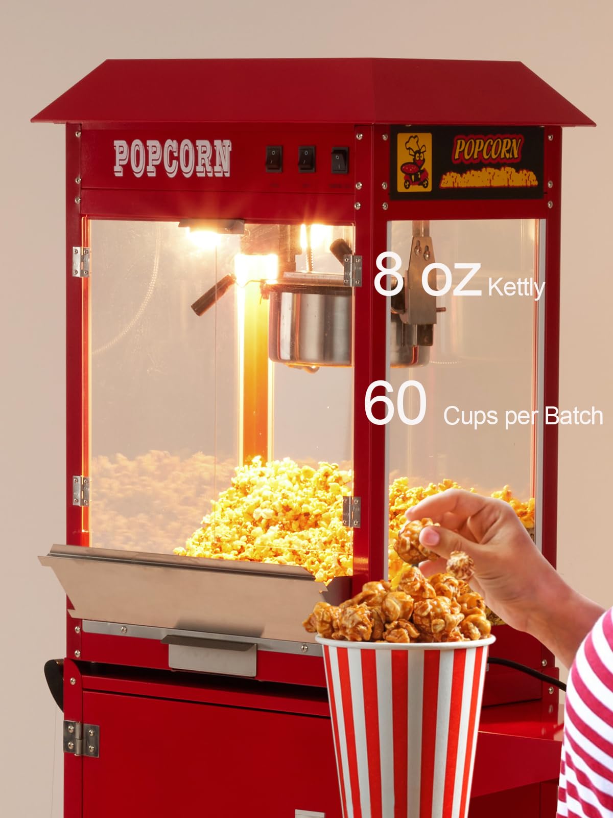 Gravee Commercial Popcorn Machine Cart, Popcorn Maker Machine [Professional][ 8 Oz ]Popcorn Machine with Stand With 8 Oz Kettle Makes Up to 60 Cups, With Lockers for Home Movie Theater Style…