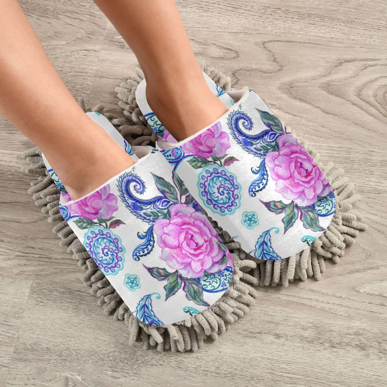 Roses Paisley Mop Slippers Shoes Cover for Floor Cleaning Washable Dirty Dust Hair Cleaners Microfiber Mop Socks for Kitchen House Office