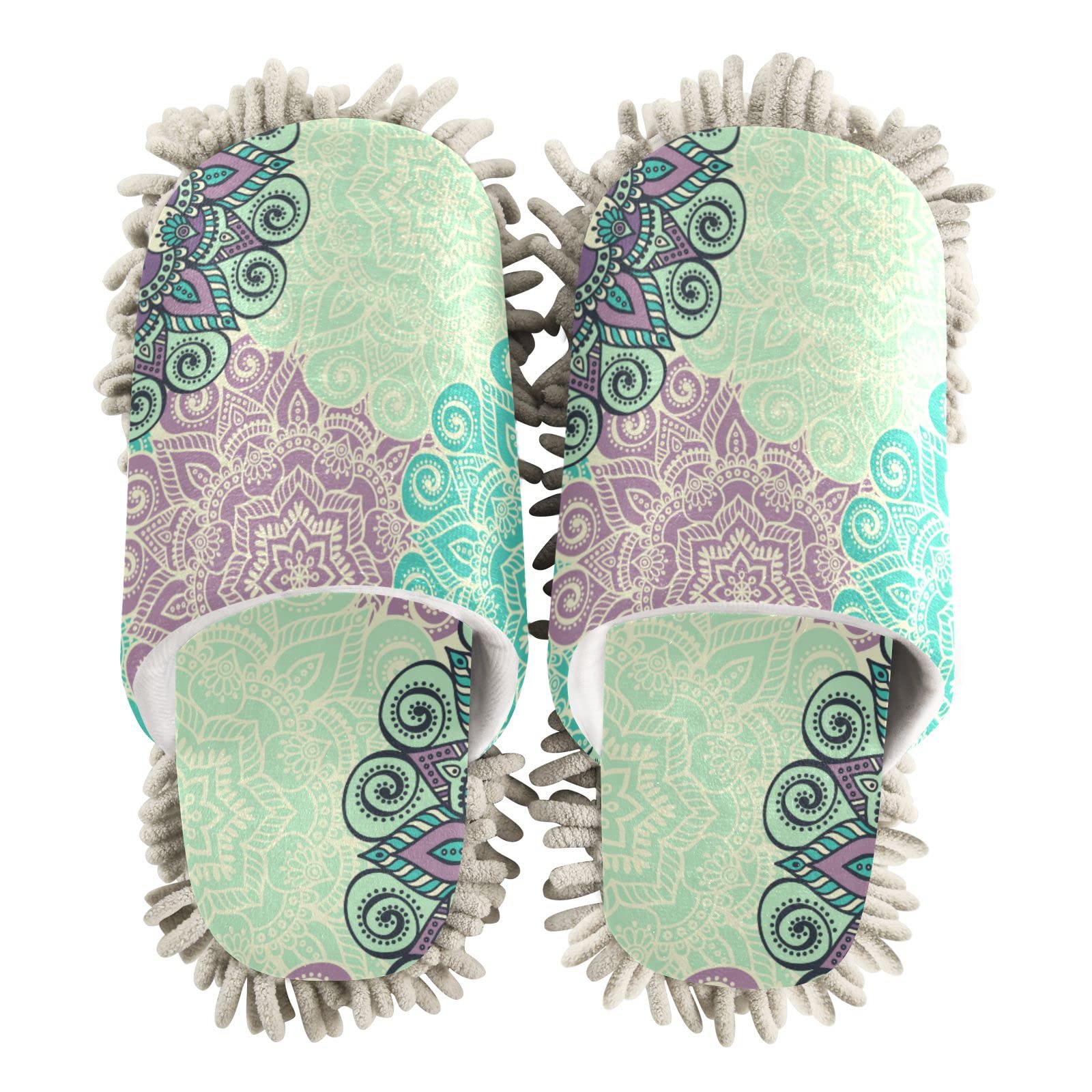 Kigai Microfiber Cleaning Slippers Green Mandala Washable Mop Shoes Slipper for Men/Women House Floor Dust Cleaner, Size M