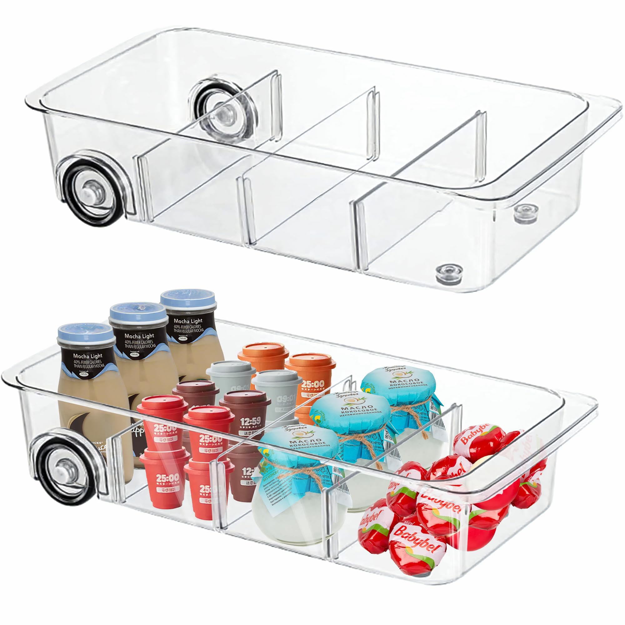 MineSign 2Pack Roll Out Fridge Caddy Bins Pull Out Drawer with Wheels Refrigerator Organizer Bins with Handles Divided Fruit Caddy for Fridge Pantry Cabinet Storage Cans Drinks