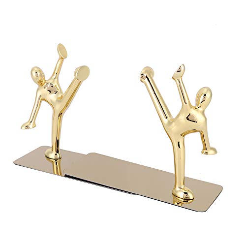 Bookends,Book Ends,Book Ends for Shelves,1 Pair Gold Bookends Stainless Steel Kung Fu Man Heavy Duty Bookends Decorative for Books Movies Home Desk Office