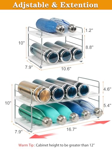 Water Bottle Organizer For Cabinet, Expandable Water Bottle Holder Rack, Adjustable Tumbler Storage For Kitchen Organization, 2 Tier Cup Organizer For Sports Flask Insulated Travel Mug Fridge, White