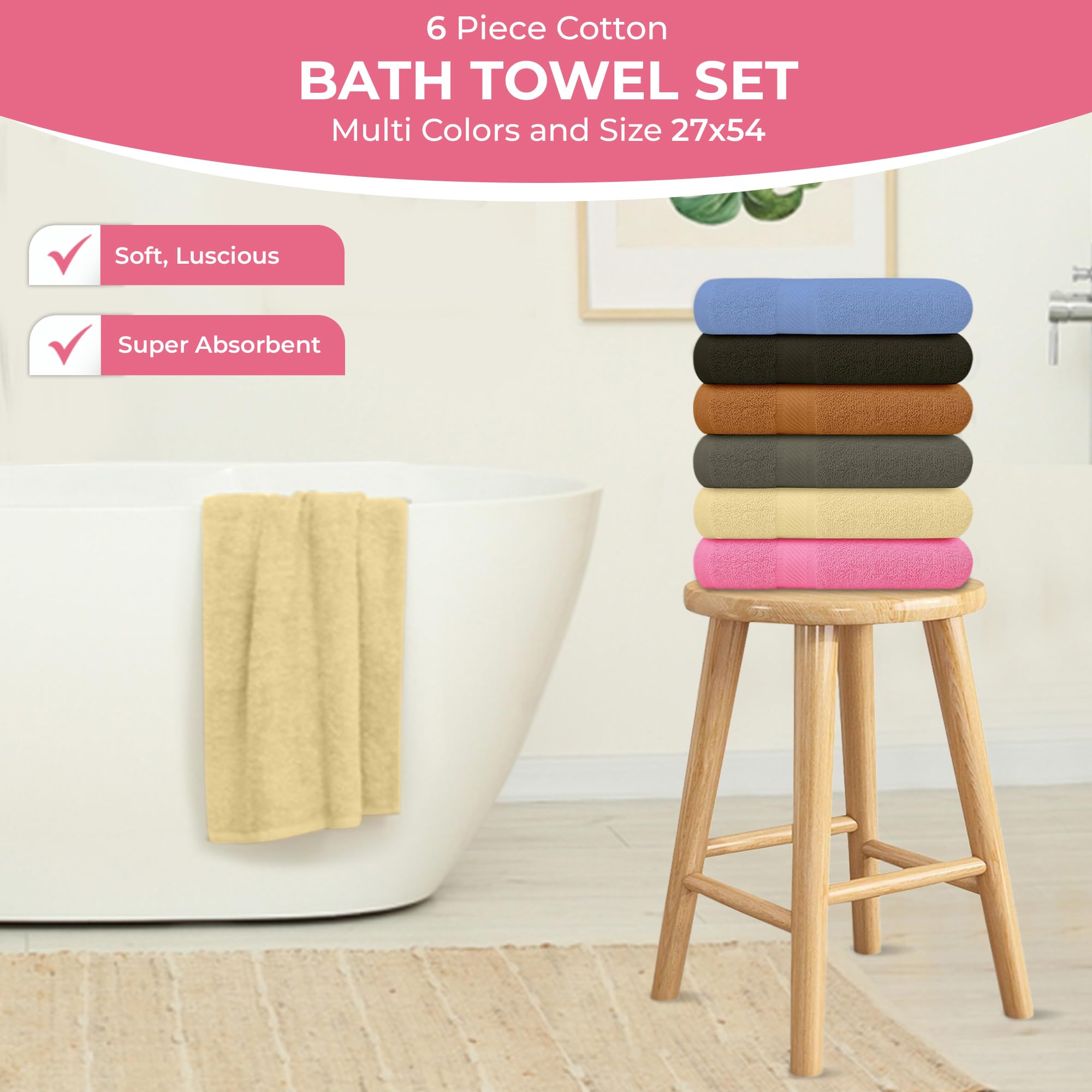 QUBA LINEN Bamboo Cotton Bath Towels-27x54inch - 6 Pack Shower Towels - Light Weight, Ultra Absorbent Towels for Bathroom (Multi Color)