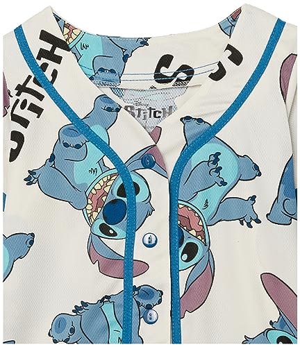Disney Little Girls Lilo & Stitch and Angel Baseball Jersey-Classic Mesh Button Down Shirt, Ivory