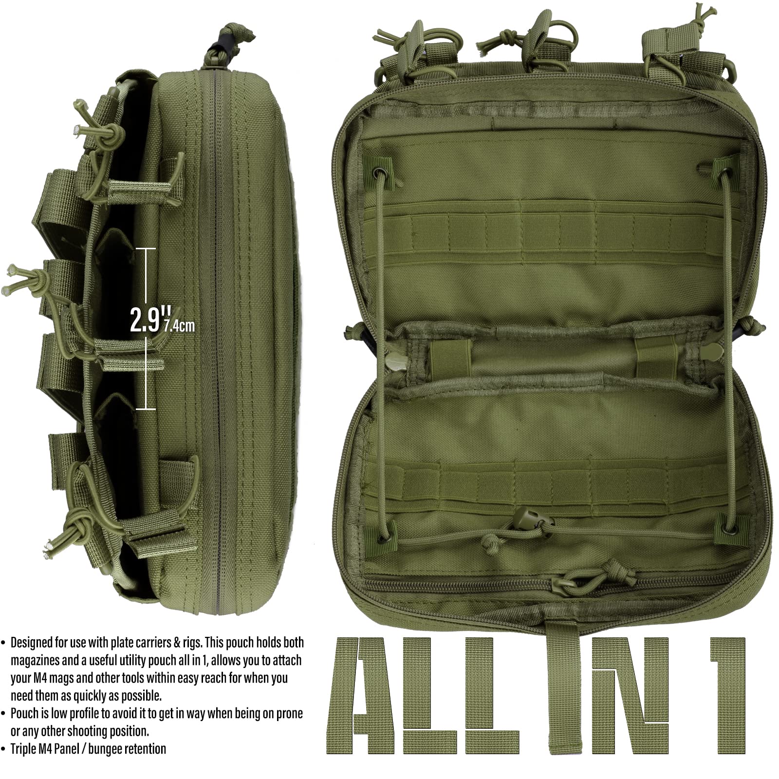 WYNEX Tactical Mag Admin Pouch, Molle Utility Tool Pouch Medical EMT Organizer with Triple Stacker Magazine Holder for M4 M16 Patch Included Army Green
