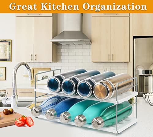 Water Bottle Organizer For Cabinet, Expandable Water Bottle Holder Rack, Adjustable Tumbler Storage For Kitchen Organization, 2 Tier Cup Organizer For Sports Flask Insulated Travel Mug Fridge, White