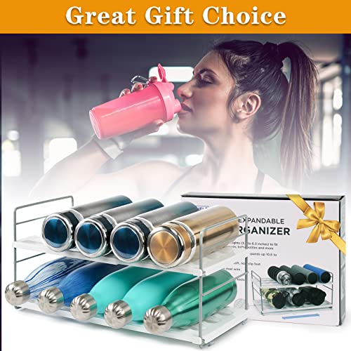 Water Bottle Organizer For Cabinet, Expandable Water Bottle Holder Rack, Adjustable Tumbler Storage For Kitchen Organization, 2 Tier Cup Organizer For Sports Flask Insulated Travel Mug Fridge, White