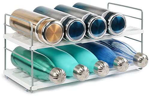 Water Bottle Organizer For Cabinet, Expandable Water Bottle Holder Rack, Adjustable Tumbler Storage For Kitchen Organization, 2 Tier Cup Organizer For Sports Flask Insulated Travel Mug Fridge, White