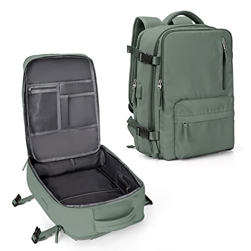 Large Travel Backpack Women, Carry On Backpack,Hiking Backpack Waterproof Outdoor Sports Rucksack Casual Daypack School Bag Fit 14 Inch Laptop with USB Charging Port Shoes Compartment, Green