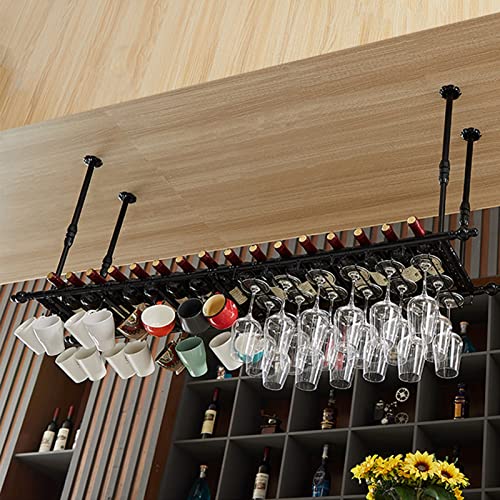 Ceiling Wine Rack, Black Hanging Cup and Glass Goblets Stemware Holder ,Red Wine Bottle Drink Storage Shelf, Bar Restaurant Decorative Display Organizer (Size : 60x30cm)