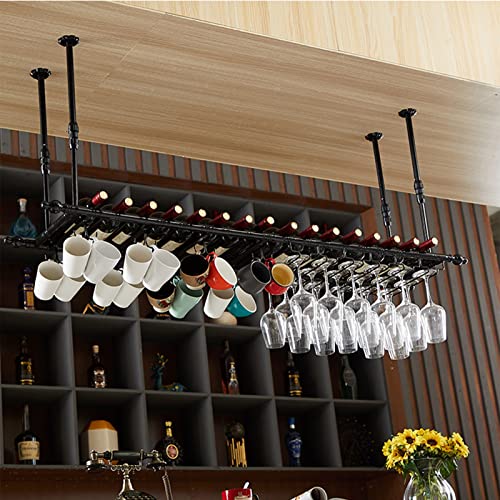 Ceiling Wine Rack, Black Hanging Cup and Glass Goblets Stemware Holder ,Red Wine Bottle Drink Storage Shelf, Bar Restaurant Decorative Display Organizer (Size : 60x30cm)