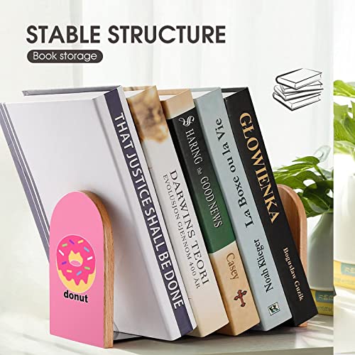 Cartoon Donut Wood Book Ends for Shelves Non-Skid Bookend Book Stand Book Holder Stopper for Home Office School