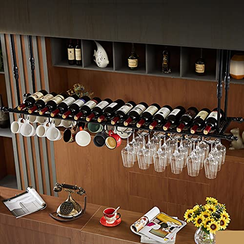 Ceiling Wine Rack, Black Hanging Cup and Glass Goblets Stemware Holder ,Red Wine Bottle Drink Storage Shelf, Bar Restaurant Decorative Display Organizer (Size : 60x30cm)