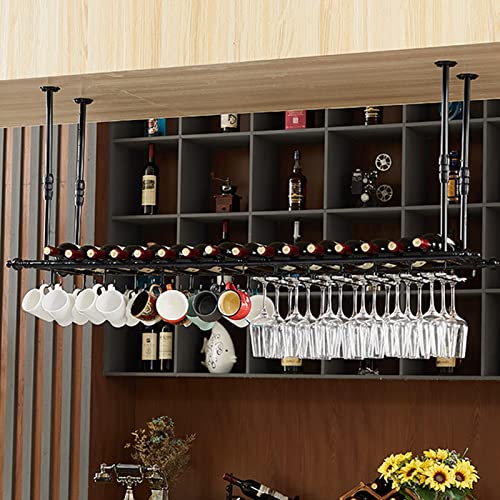 Ceiling Wine Rack, Black Hanging Cup and Glass Goblets Stemware Holder ,Red Wine Bottle Drink Storage Shelf, Bar Restaurant Decorative Display Organizer (Size : 60x30cm)