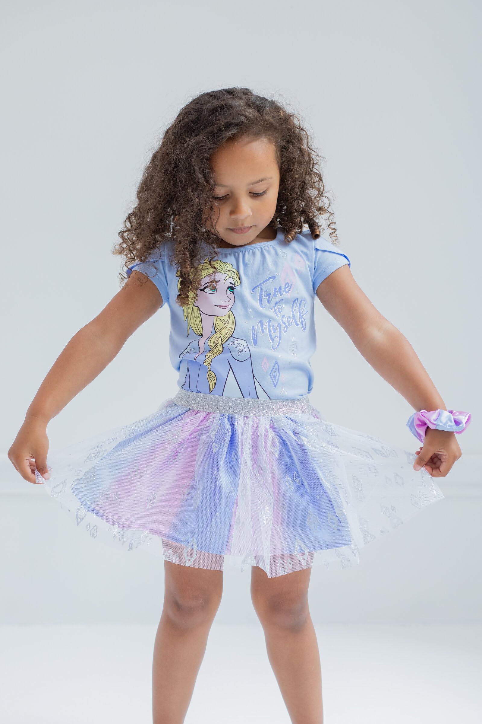 Disney Frozen Elsa Toddler Girls T-Shirt Mesh Skirt and Scrunchie 3 Piece Outfit Set 5T