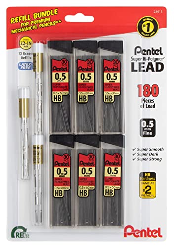 Pentel Eraser and Lead Refill Pack for Mechanical Pencils - Super Hi-polymer Lead Refills Value Pack, 0.5mm 6 Pack of 30 Pieces ā Pack of White Eraser Refills 3 Packs of 4 Erasers