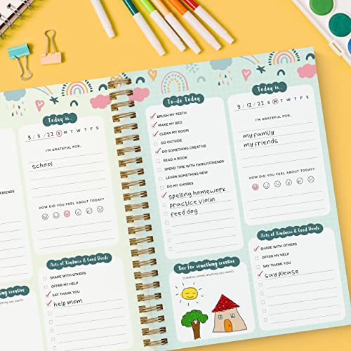 Kids To Do Chore List Daily Task Checklist Planner Time Management Notebook by Bright Day Non Dated Flex Cover Spiral Organizer 8.25 x 6.25 (Rainbows)