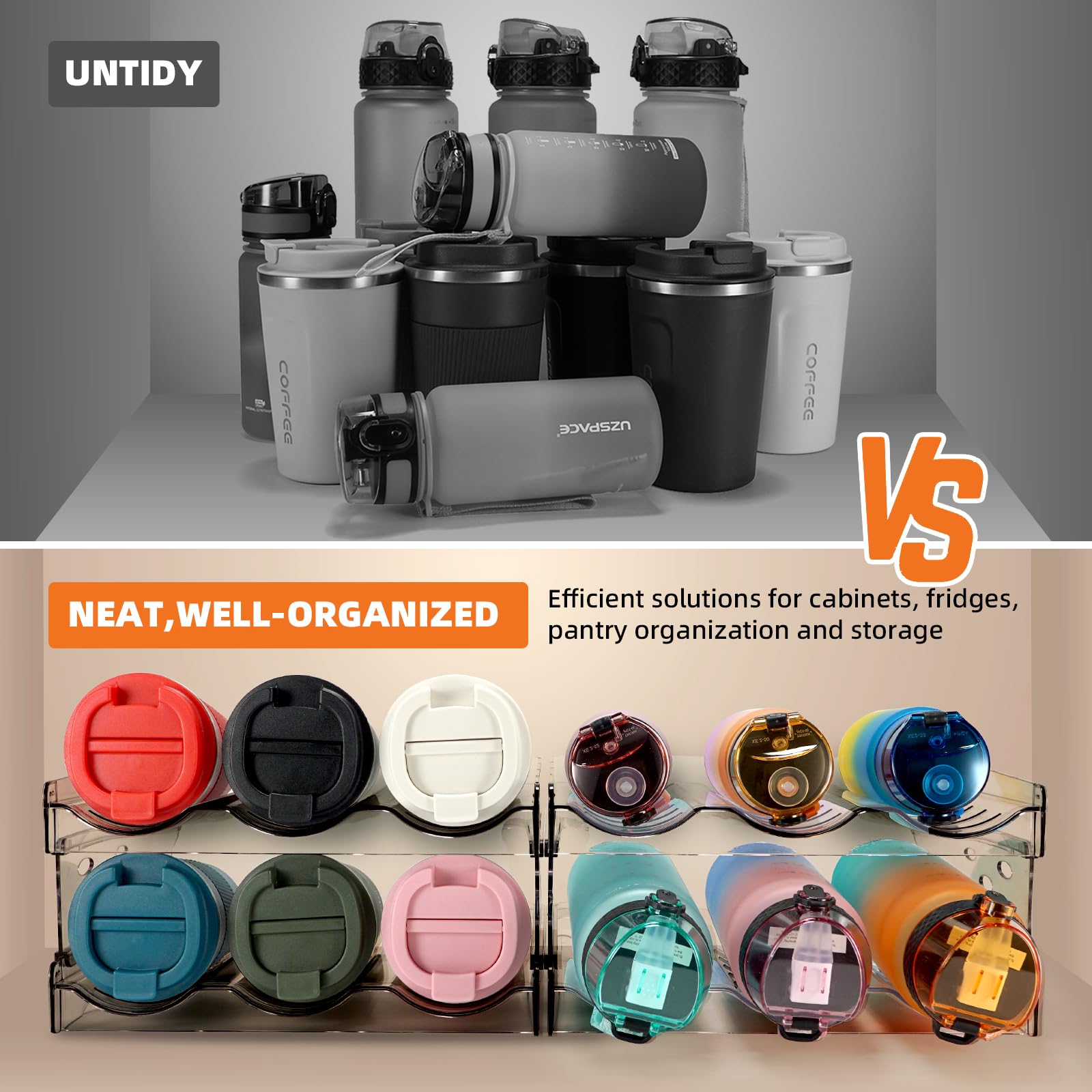 GLDDAO Water Bottle Organizer,Stackable Water Bottle Organizer for Cabinet,Tumbler Travel Mug Holder,Wine Drink Srack for Kitchen Countertop Freezer Pantry Organizers and Storage (12 Bottles)