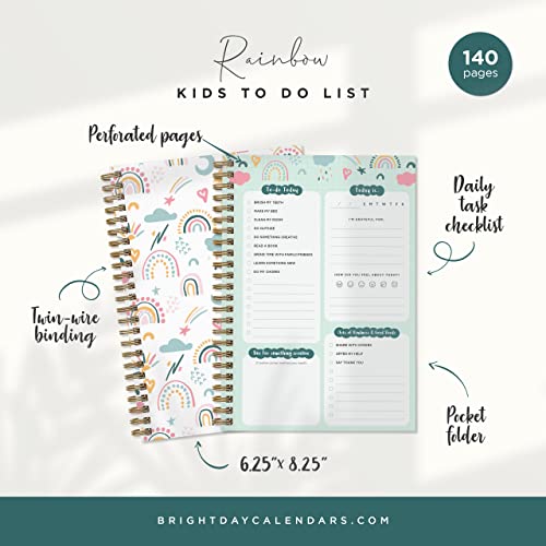 Kids To Do Chore List Daily Task Checklist Planner Time Management Notebook by Bright Day Non Dated Flex Cover Spiral Organizer 8.25 x 6.25 (Rainbows)