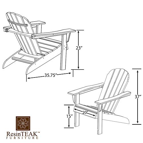 Resin TEAK Essential Adirondack Chair, All Weather Plastic Outdoor Chairs for Fire Pit, Campfire, Patio, Porch, Comfortable Seat for Long Relaxation, Up to 300 lb Capacity - White