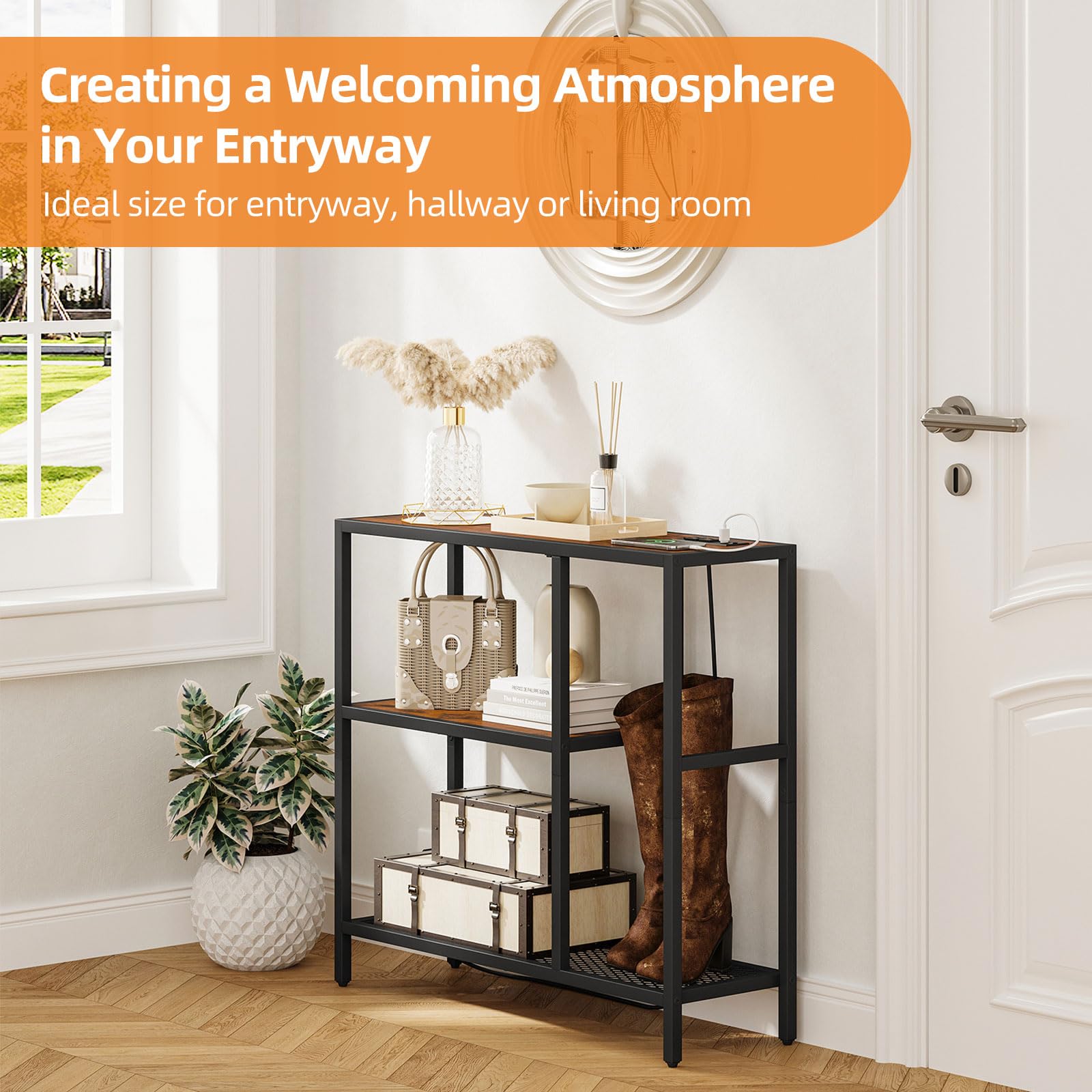 Snughome Console Table with Power Outlets, Entryway Table with Storage, Narrow Sofa Table with 3 Tier Shelves, Couch Table with USB Ports, for Hallway Living Room, Entrance