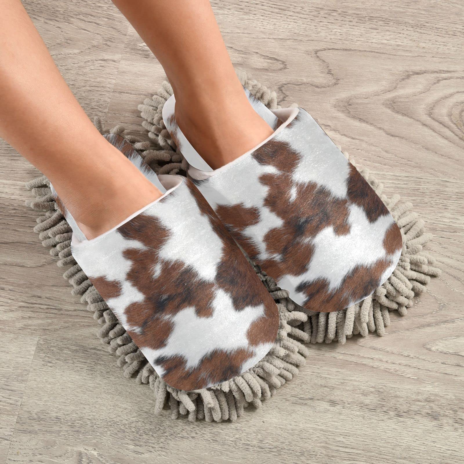 Kigai Microfiber Cleaning Slippers White Brown Print Cow Washable Mop Shoes Slipper for Men/Women House Floor Dust Cleaner, Size M