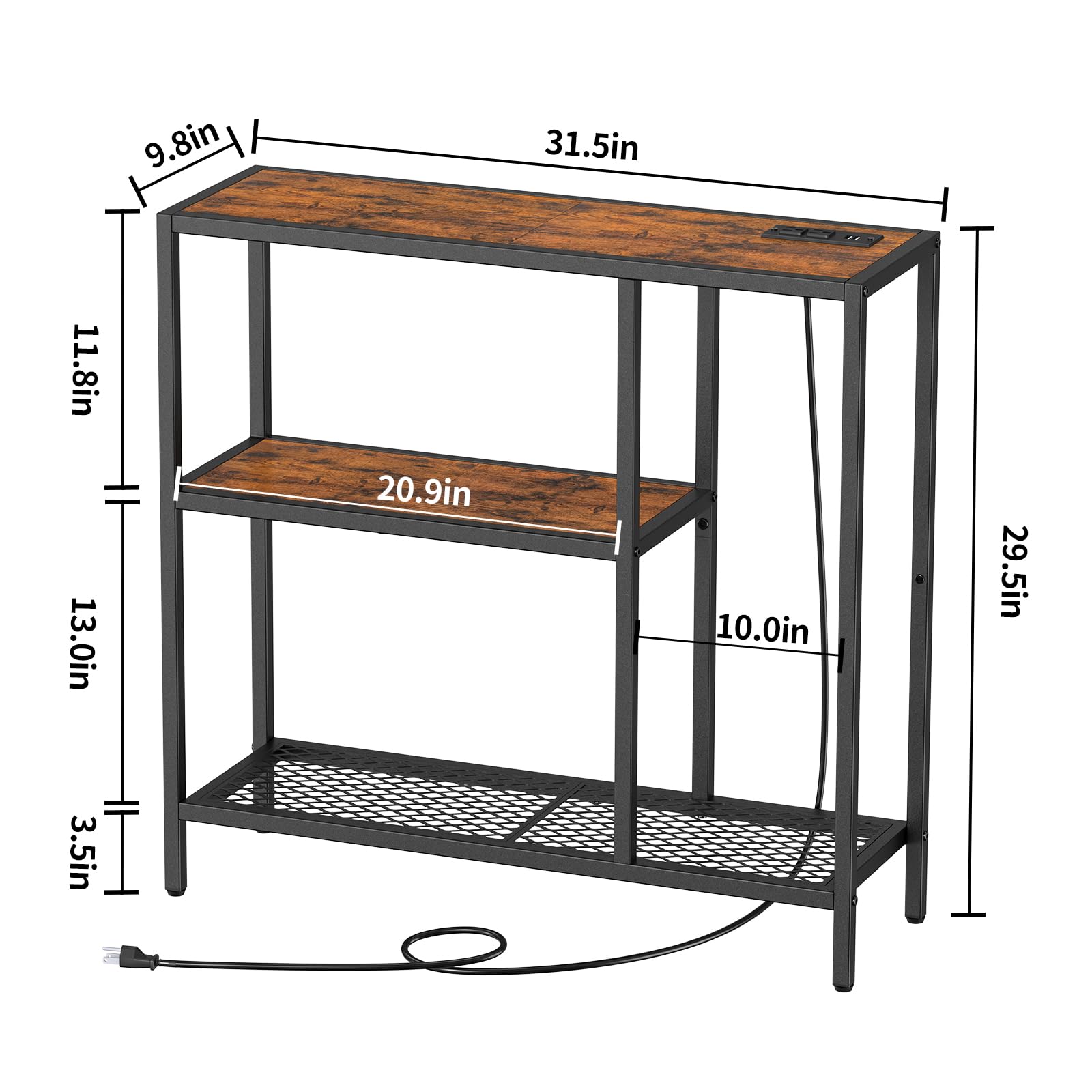 Snughome Console Table with Power Outlets, Entryway Table with Storage, Narrow Sofa Table with 3 Tier Shelves, Couch Table with USB Ports, for Hallway Living Room, Entrance