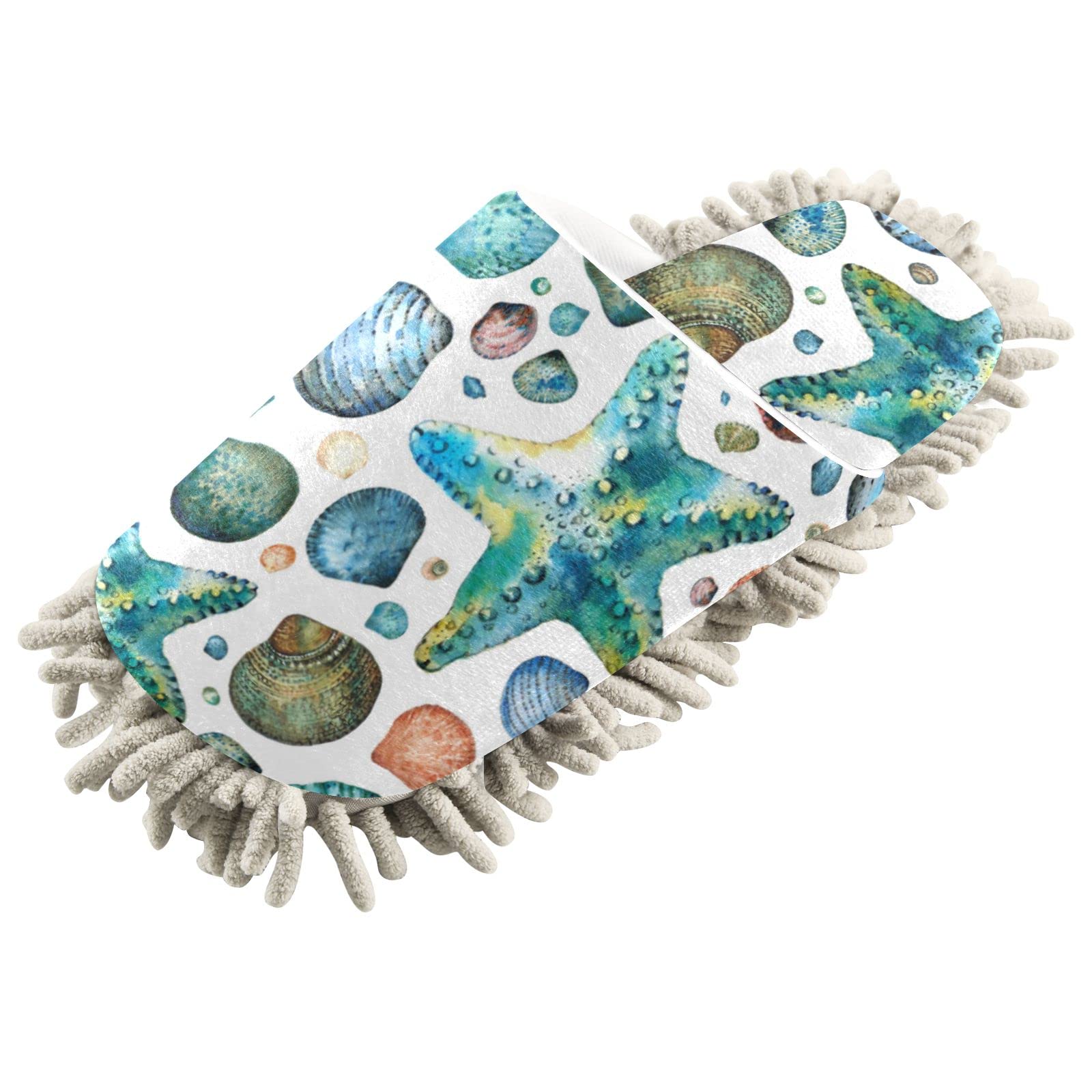 Watercolor Seashells Starfish Mop Slippers Shoes Cover for Floor Cleaning Washable Dust Hair Dirty Cleaners Microfiber Mop Socks for Office House Kitchen