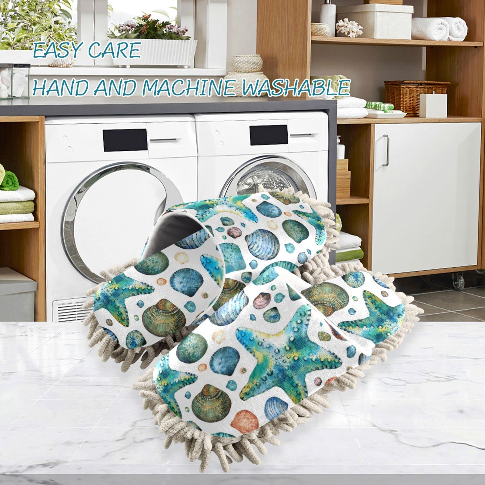 Watercolor Seashells Starfish Mop Slippers Shoes Cover for Floor Cleaning Washable Dust Hair Dirty Cleaners Microfiber Mop Socks for Office House Kitchen