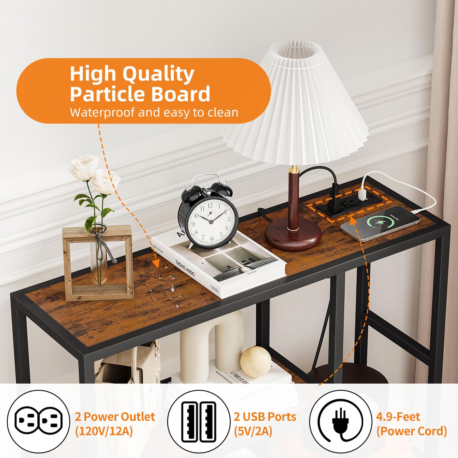 Snughome Console Table with Power Outlets, Entryway Table with Storage, Narrow Sofa Table with 3 Tier Shelves, Couch Table with USB Ports, for Hallway Living Room, Entrance