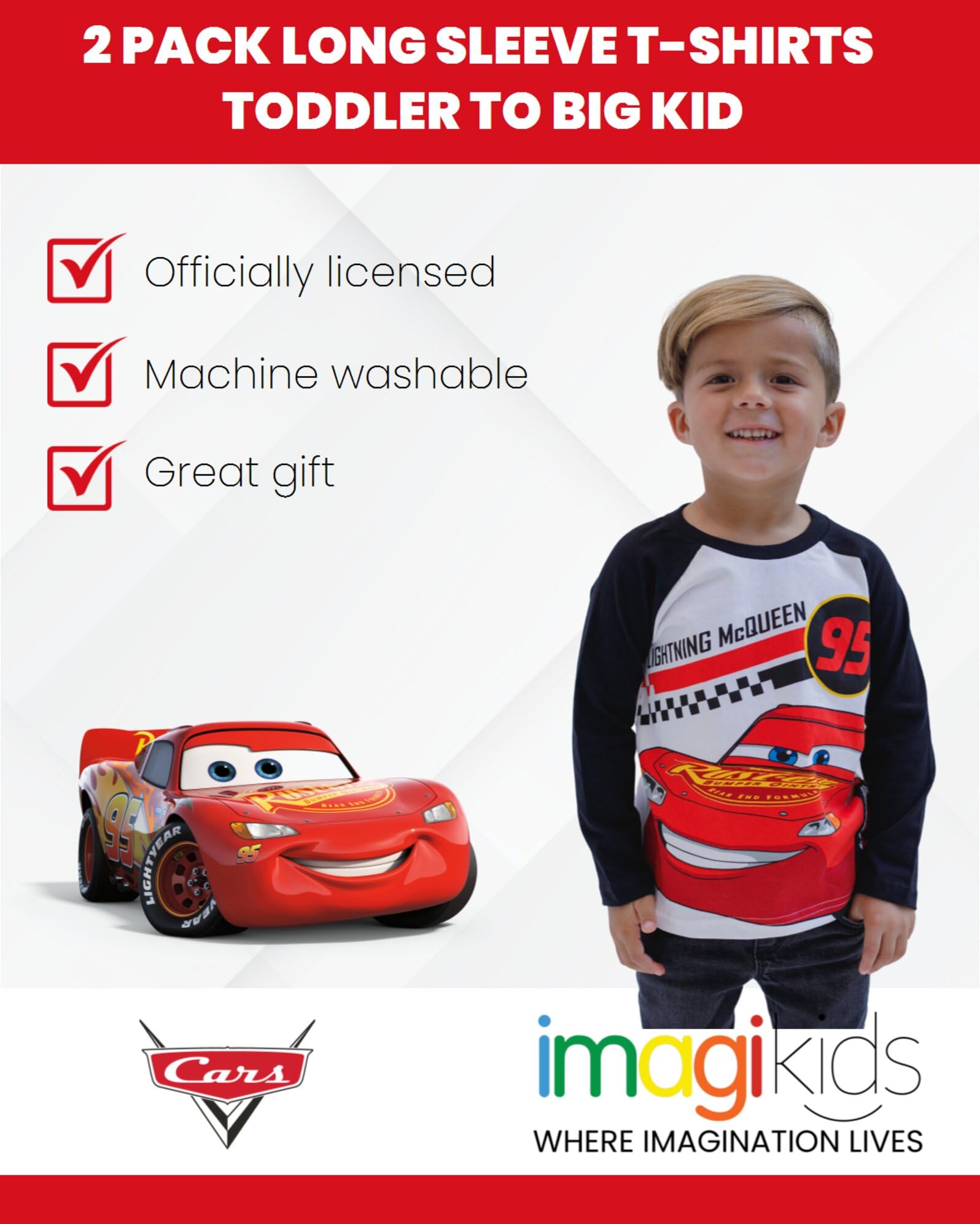 Disney Pixar Cars Lightning McQueen Tow Mater Toddler Boys 2 Pack Long Sleeve T-Shirts White/Gray 3T