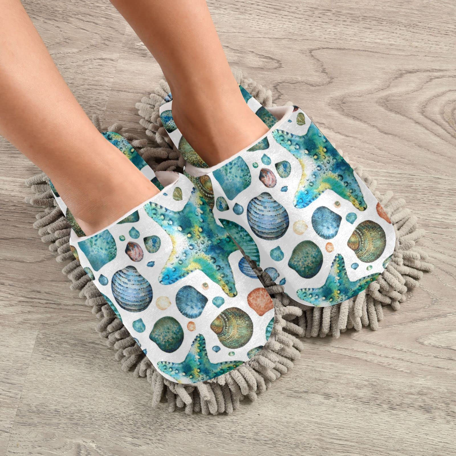 Watercolor Seashells Starfish Mop Slippers Shoes Cover for Floor Cleaning Washable Dust Hair Dirty Cleaners Microfiber Mop Socks for Office House Kitchen