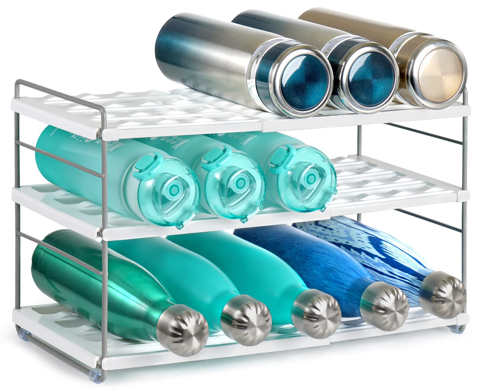 Water Bottle Organizer for Cabinet & Stackable Cup Organizer for Cabinet,3 Tier Cup Organizer for Sports Flask Insulated Travel Mug Fridge, White,Wine Drink Rack for Kitchen Countertop Freezer Pantry