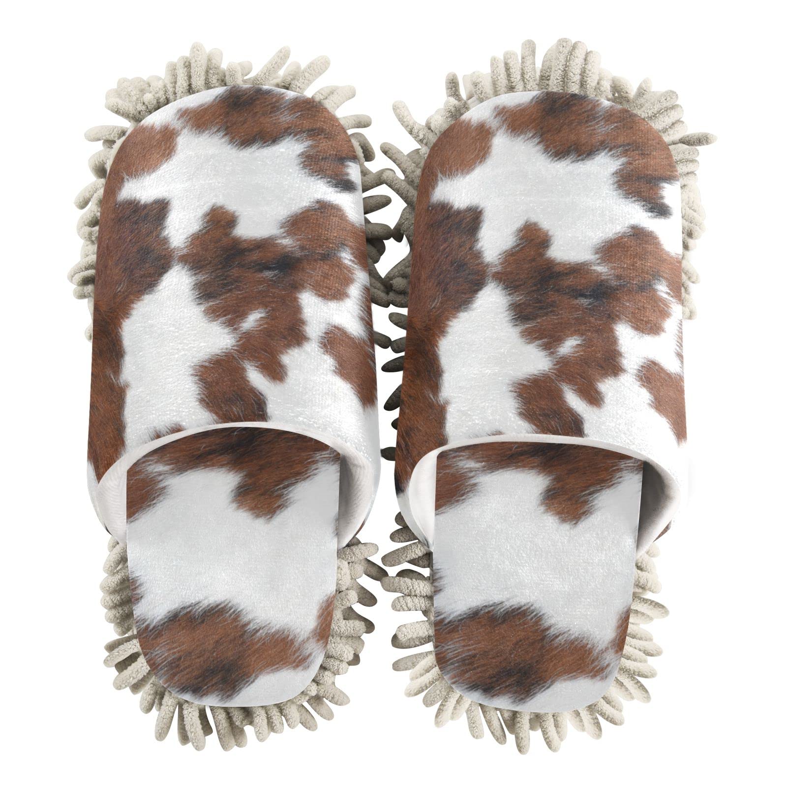 Kigai Microfiber Cleaning Slippers White Brown Print Cow Washable Mop Shoes Slipper for Men/Women House Floor Dust Cleaner, Size M