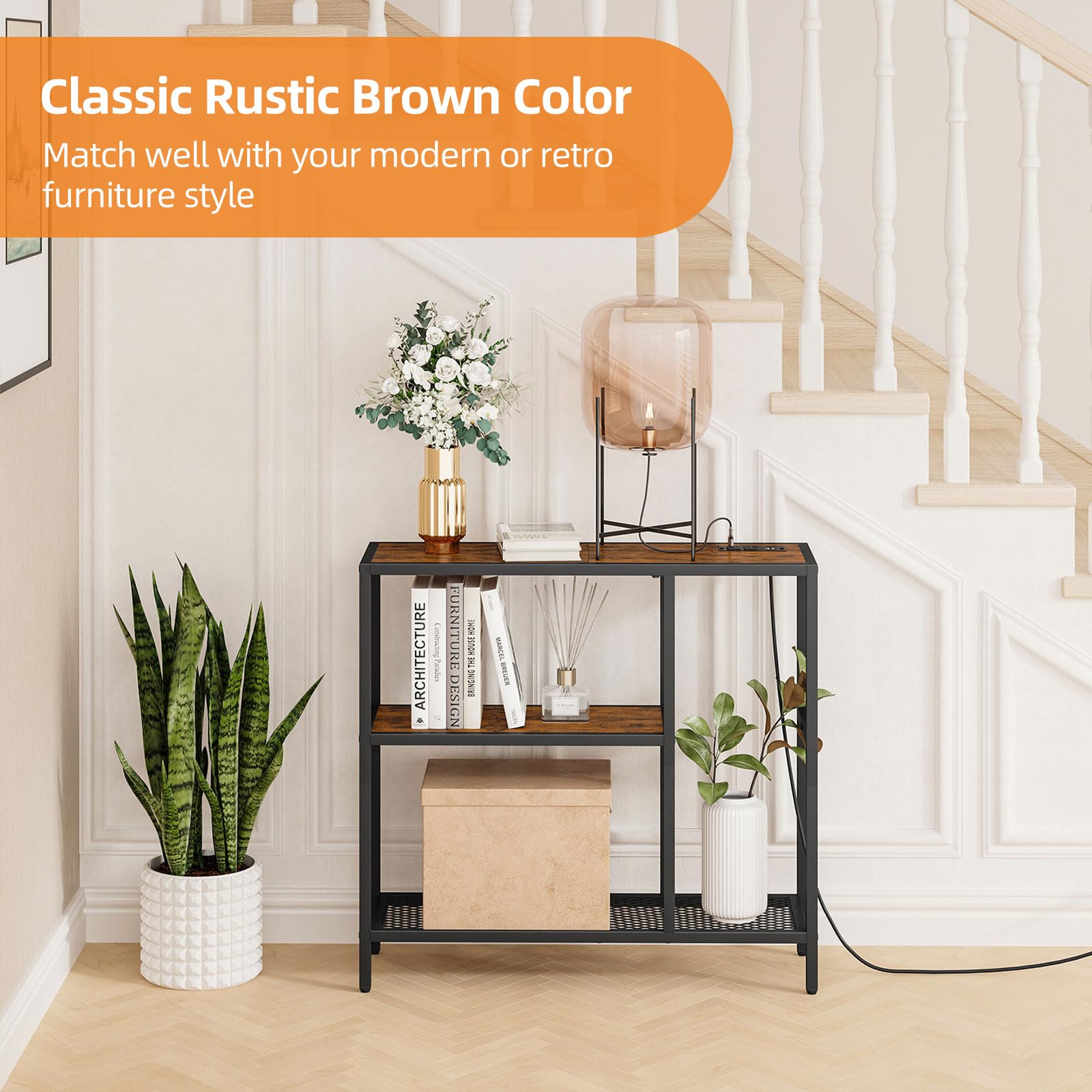 Snughome Console Table with Power Outlets, Entryway Table with Storage, Narrow Sofa Table with 3 Tier Shelves, Couch Table with USB Ports, for Hallway Living Room, Entrance