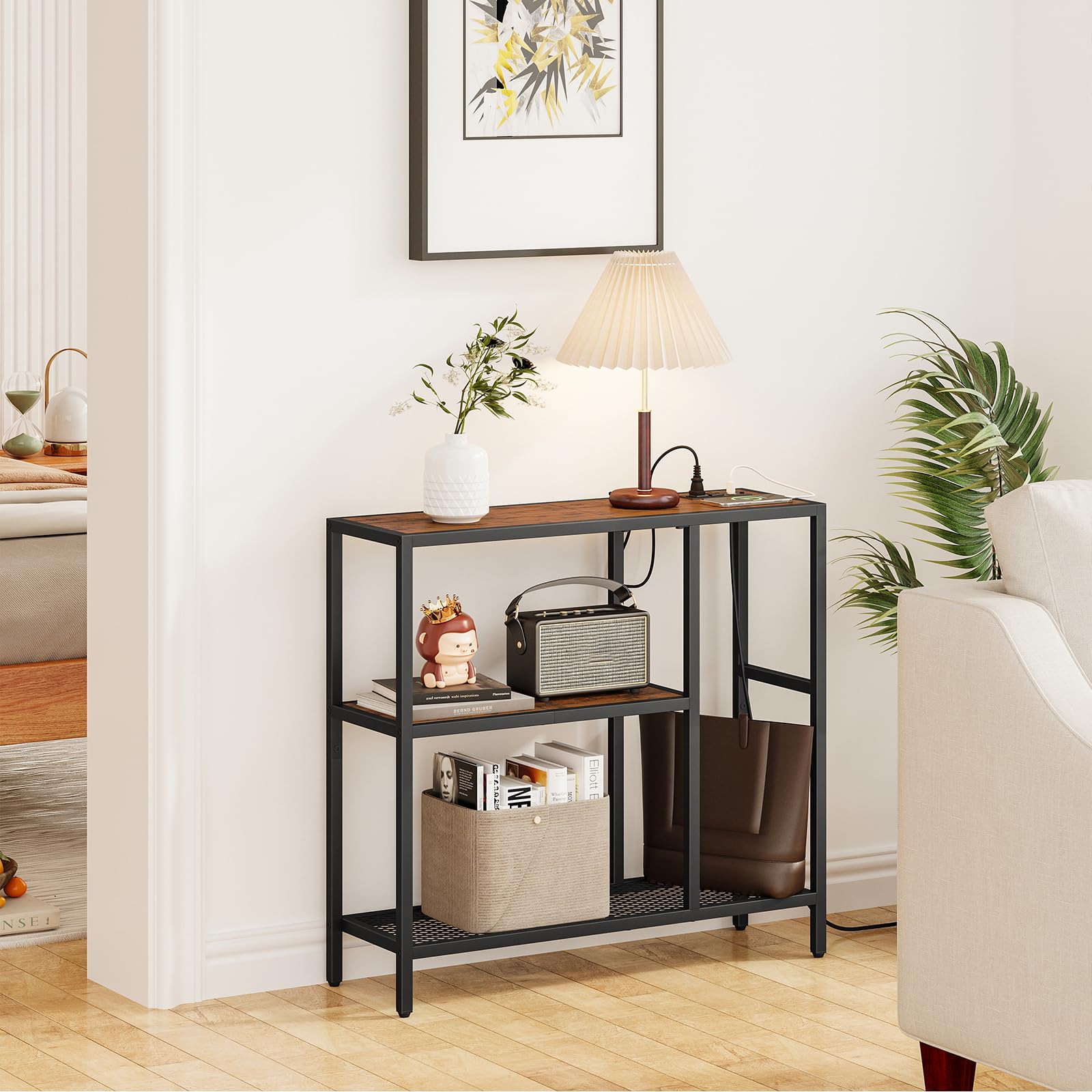 Snughome Console Table with Power Outlets, Entryway Table with Storage, Narrow Sofa Table with 3 Tier Shelves, Couch Table with USB Ports, for Hallway Living Room, Entrance