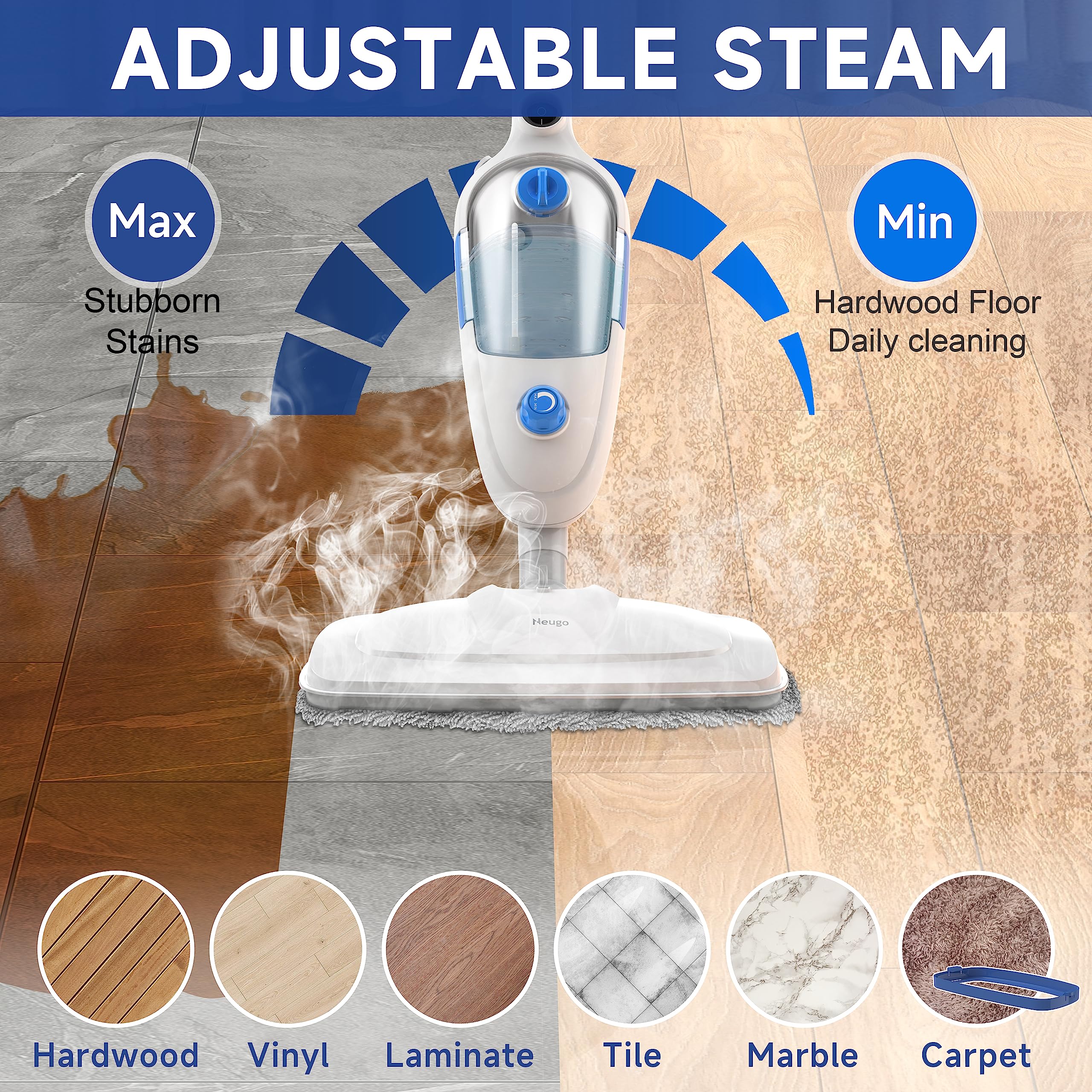 Steam Mop for Hardwood Floor Cleaning, Floor Steamer Cleaner Lightweight for Vinyl, Laminate, Carpet, Tile Hard Floors w/Adjustable Steam Modes & Height, 23ft Cord, 2 Washable Pad