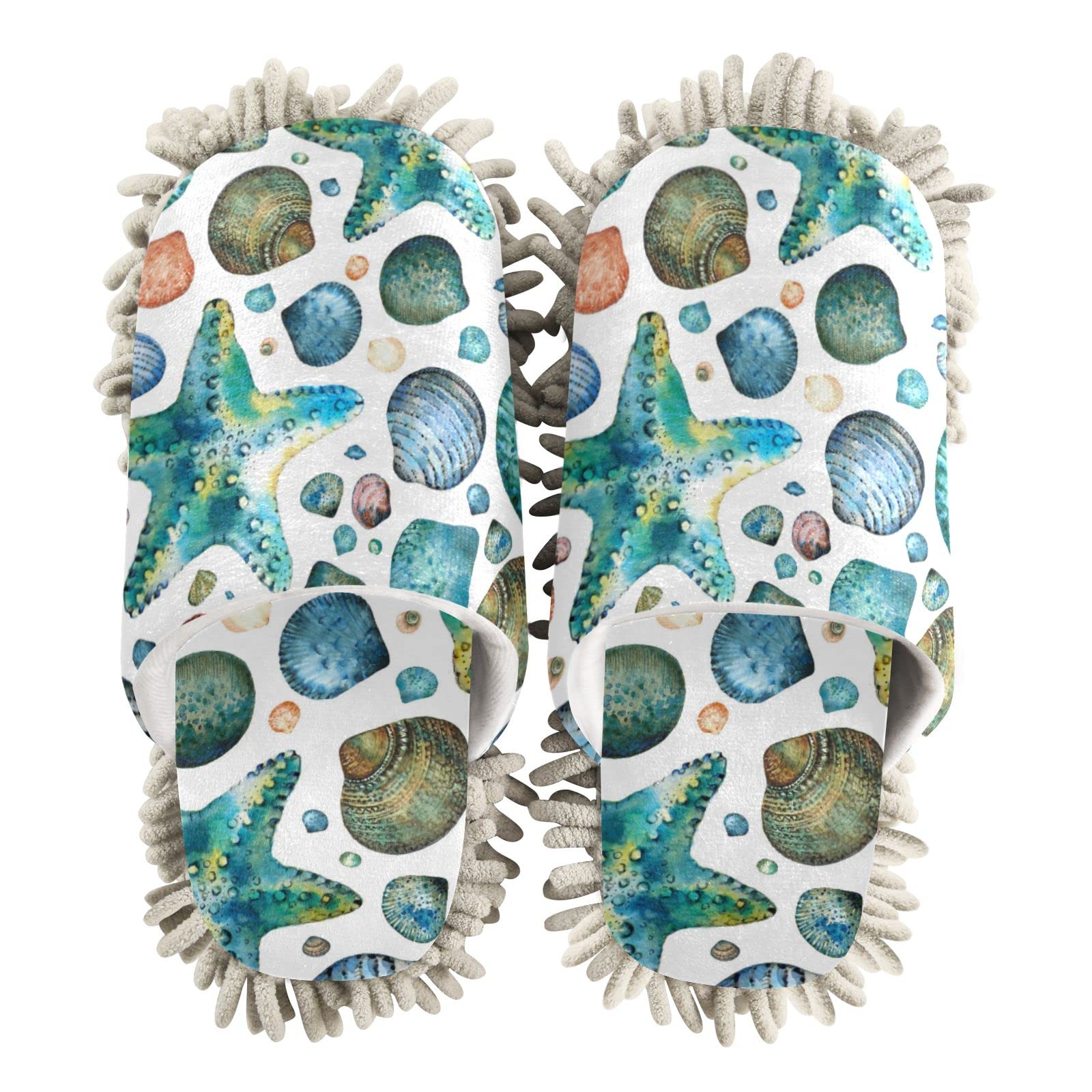 Watercolor Seashells Starfish Mop Slippers Shoes Cover for Floor Cleaning Washable Dust Hair Dirty Cleaners Microfiber Mop Socks for Office House Kitchen