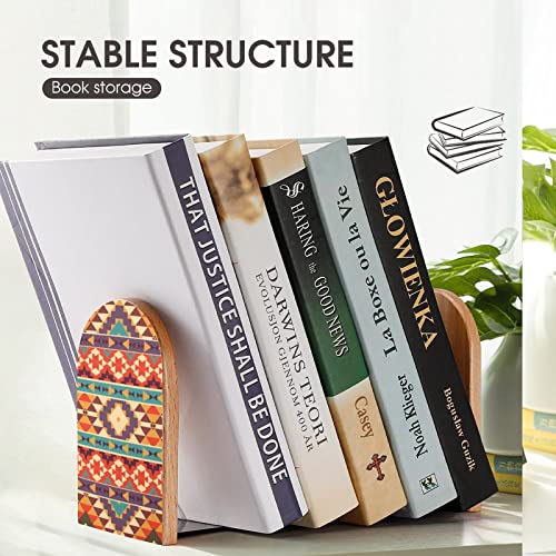 Colorful Aztec Pattern Wood Book Ends for Shelves Non-Skid Bookend Book Stand Book Holder Stopper for Home Office School
