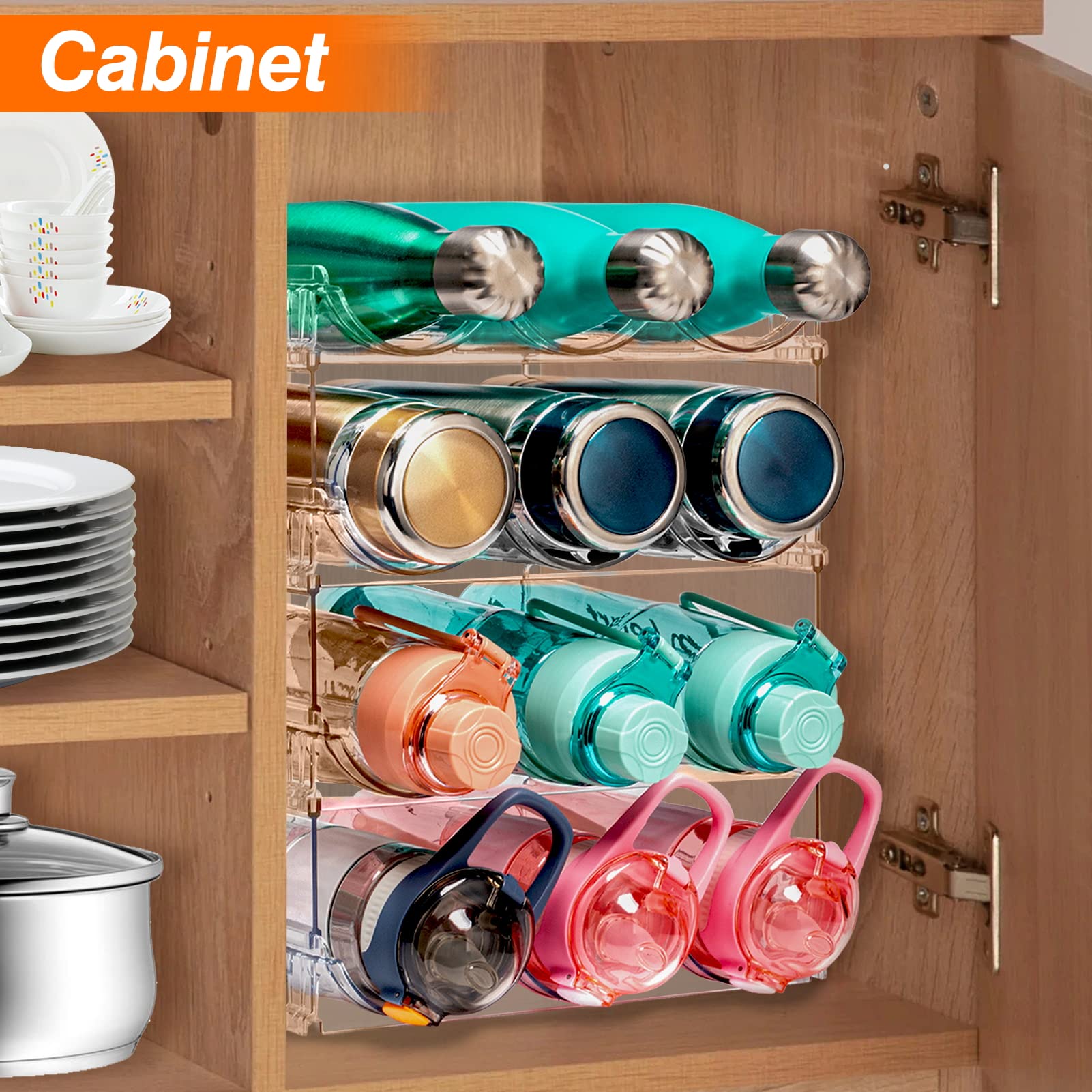 Water Bottle Organizer for Cabinet & Stackable Cup Organizer for Cabinet,3 Tier Cup Organizer for Sports Flask Insulated Travel Mug Fridge, White,Wine Drink Rack for Kitchen Countertop Freezer Pantry