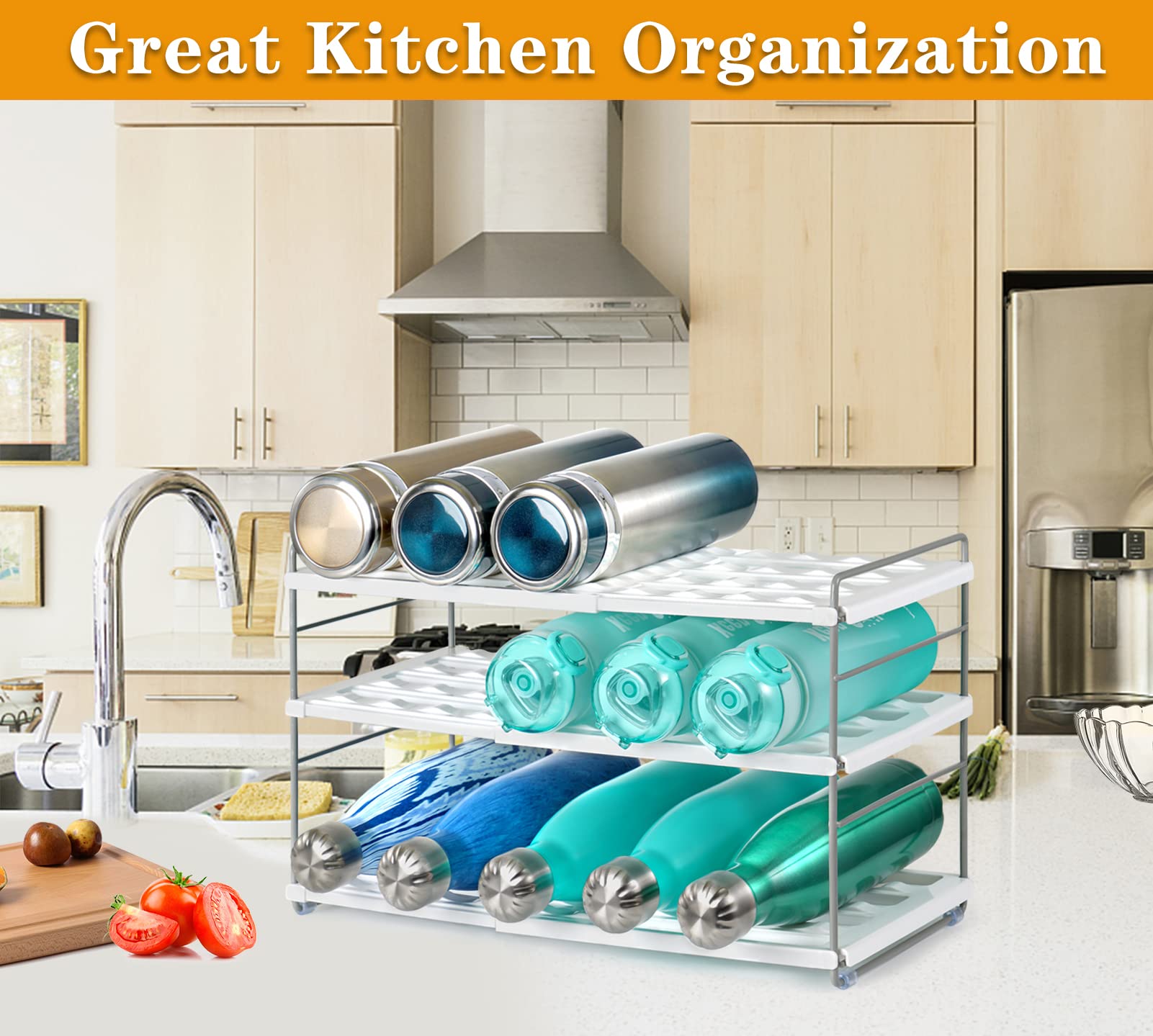 Water Bottle Organizer for Cabinet & Stackable Cup Organizer for Cabinet,3 Tier Cup Organizer for Sports Flask Insulated Travel Mug Fridge, White,Wine Drink Rack for Kitchen Countertop Freezer Pantry