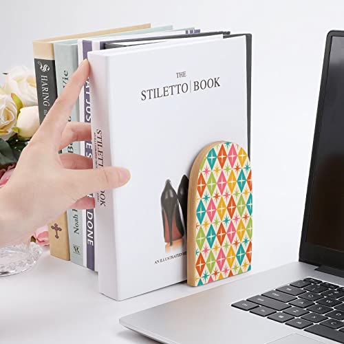 2 Pack Wood Bookends,Mid Century Starbursts On Diamond Decorative Book Ends Support for Shelves Desktop Organizer Wooden Bookshelf for Home School Office